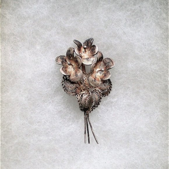 Jewelry | Beautiful Vintage Solid Silver 80 3d Flower Bouquet Filigree ...